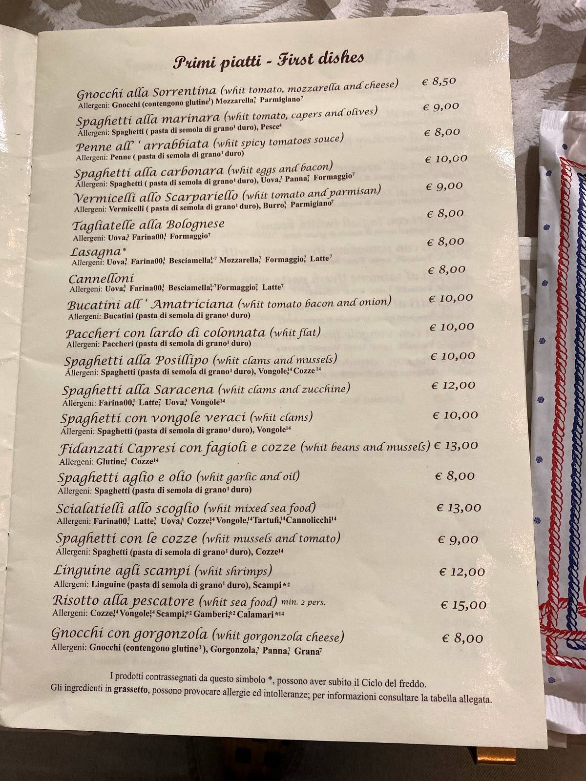 Menu at Da Memè pizzeria, Amalfi
