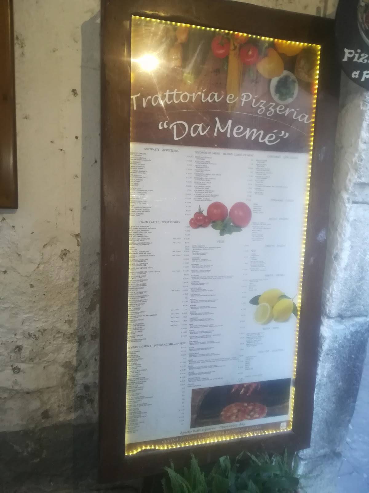 Carta de pizzería Da Memè, Amalfi