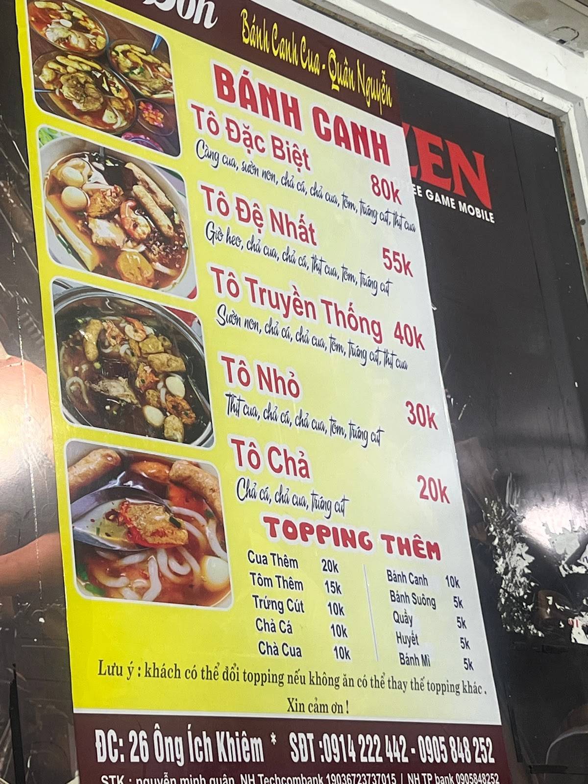 Menu at Bánh Canh Cua - Quân Nguyễn restaurant, Da Nang