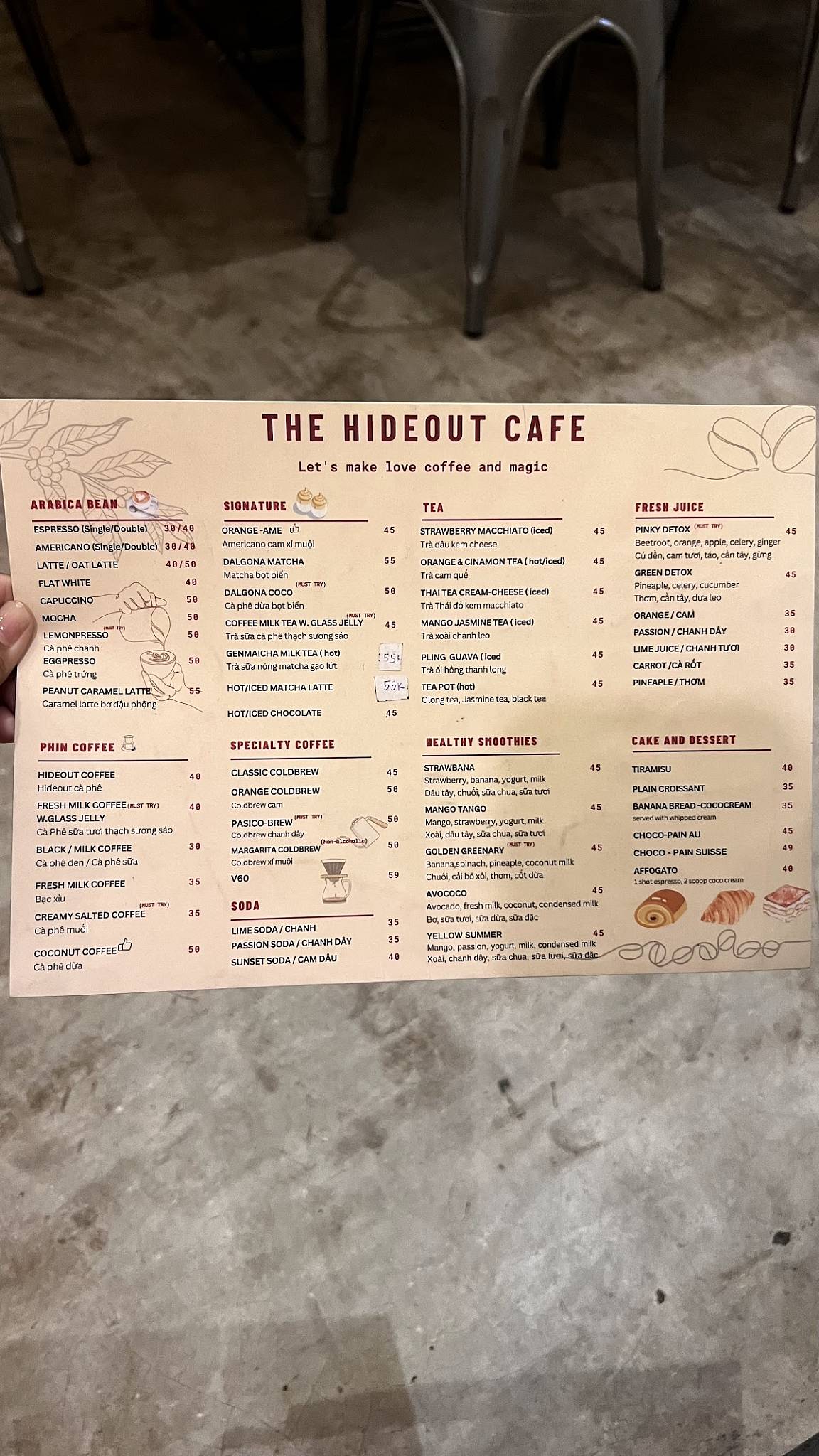Menu at The Hideout Cafe, Da Nang, 72/24 Nguyễn Văn Thoại
