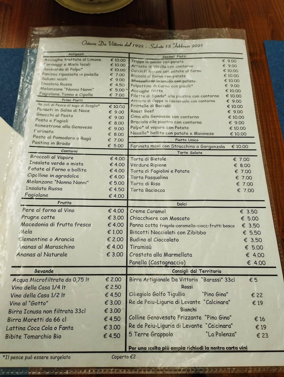 Menu au Da Vittorio restaurant, Chiavari