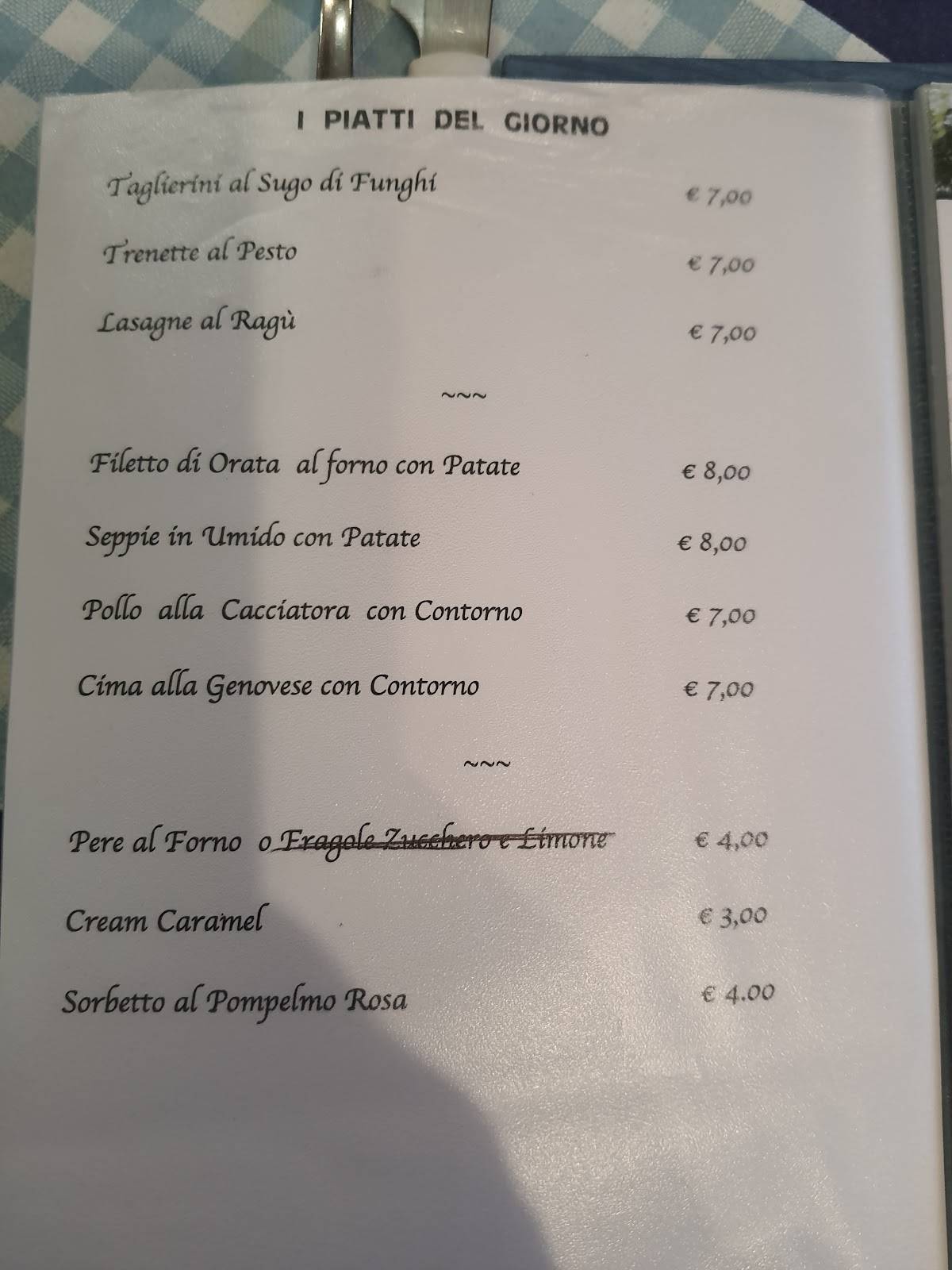 Menu da Da Vittorio ristorante, Chiavari