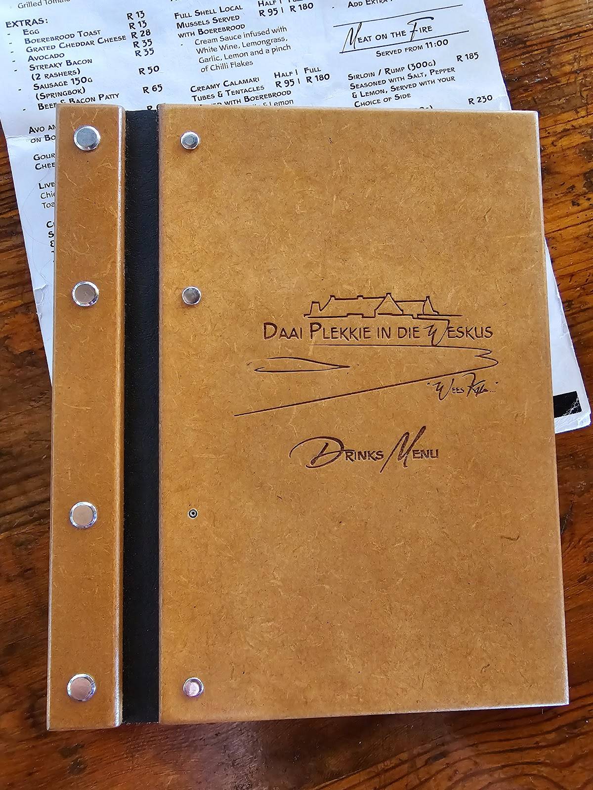 Menu at Daai Plekkie in die Weskus restaurant, Jacobs Bay