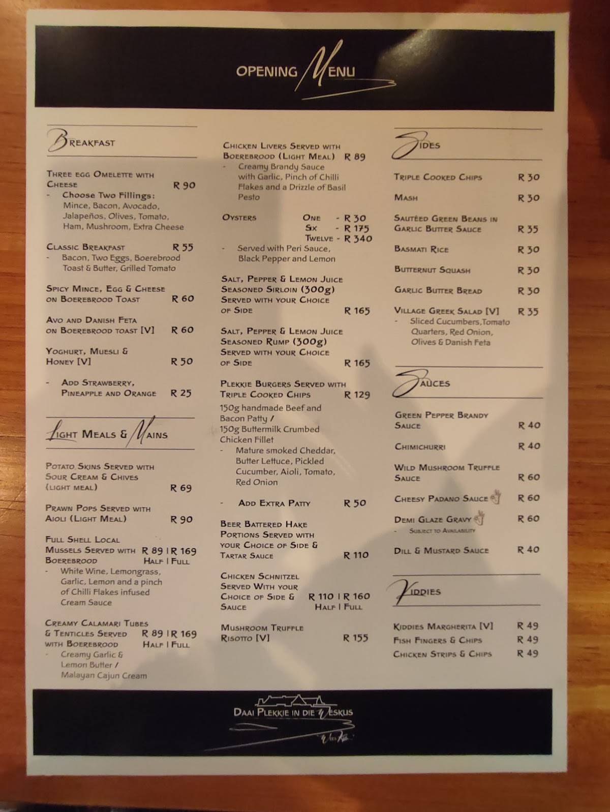 Menu at Daai Plekkie in die Weskus restaurant, Jacobs Bay
