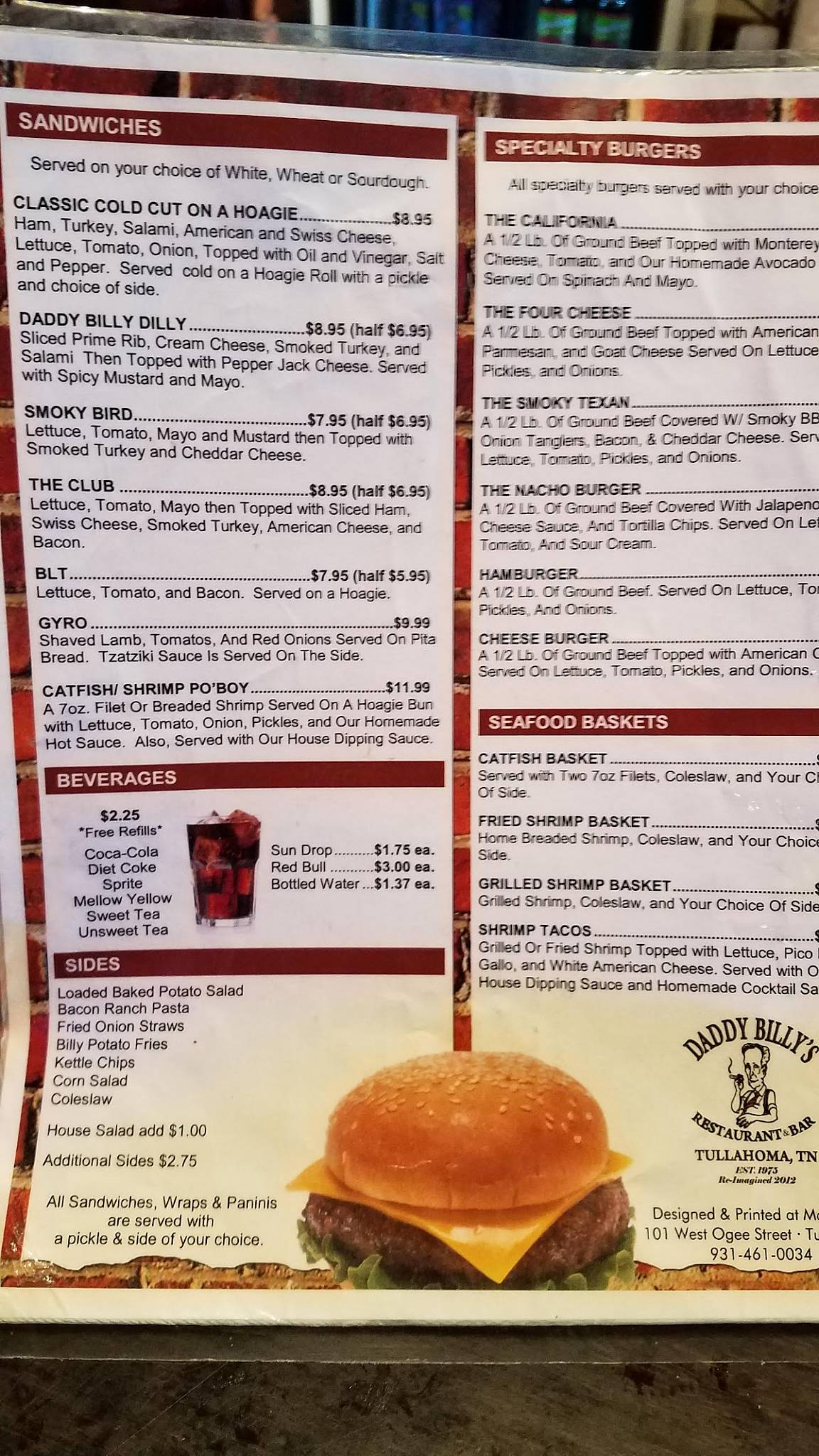 Menu at Daddy Billy's Restaurant & Bar, Tullahoma