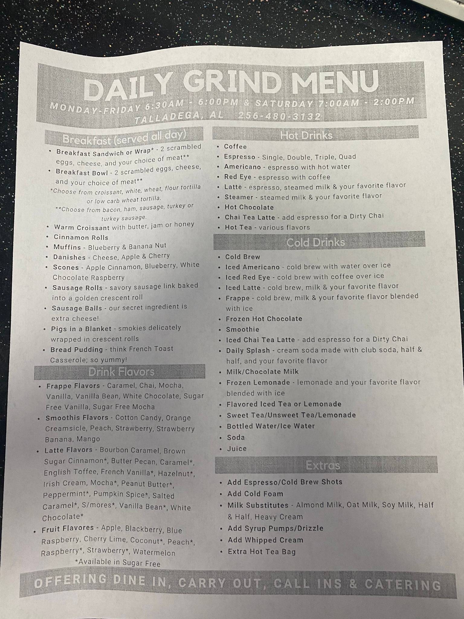 Menu at Daily Grind cafe, Talladega