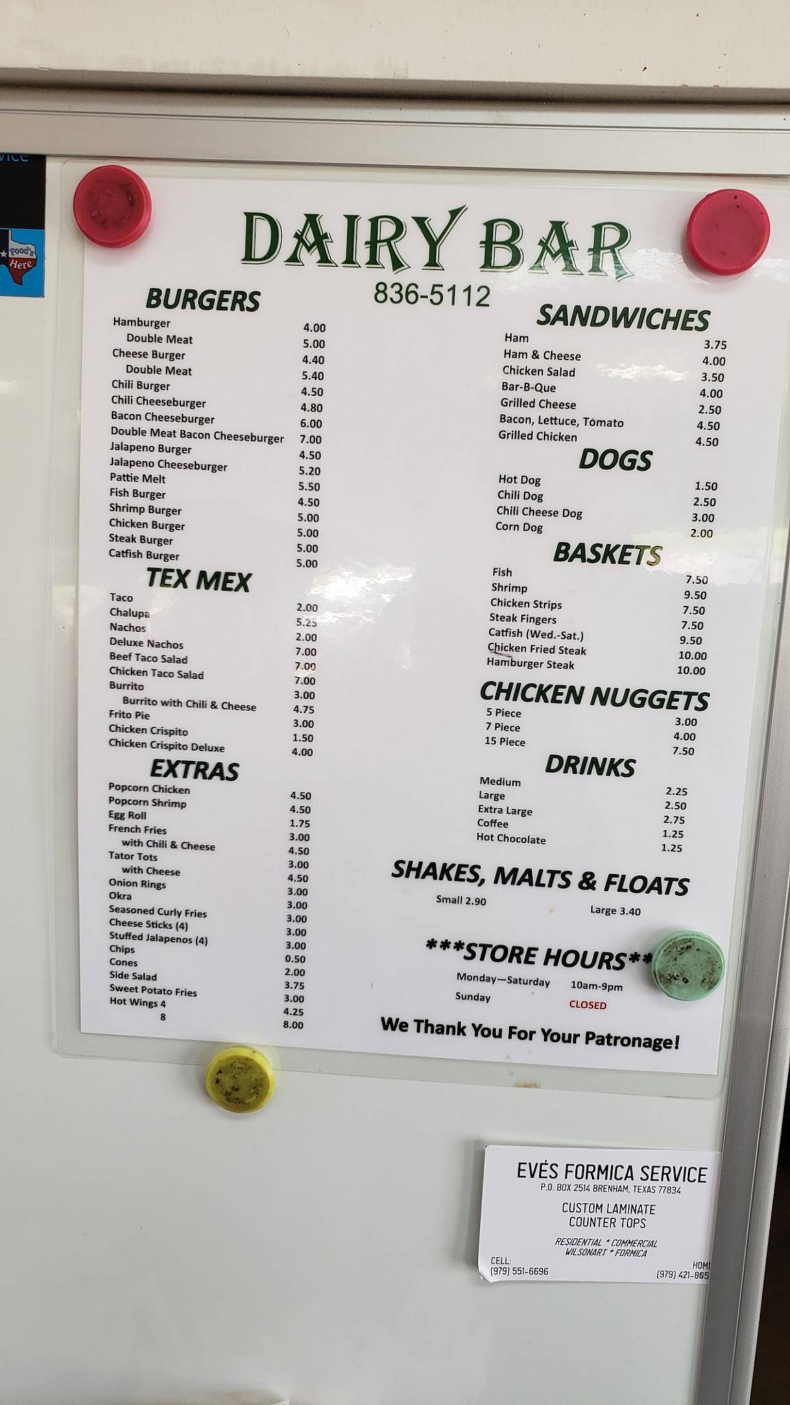 Menu at Dairy Bar, Brenham, S Chappell Hill St