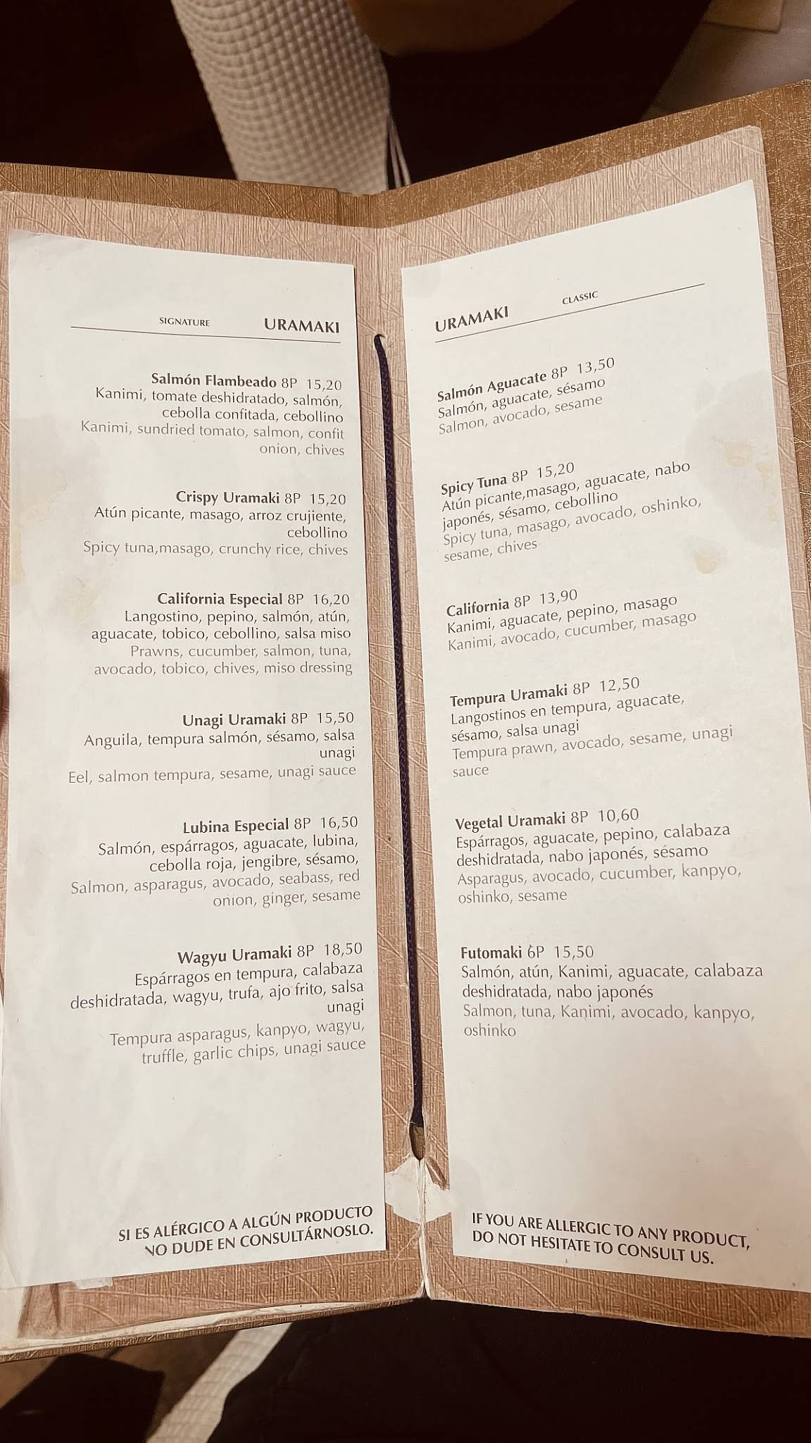 Menu at Dajidali restaurant, San Pedro de Alcántara