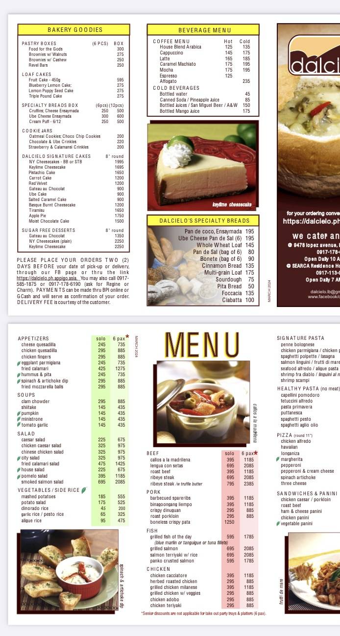 Menu at Dalcielo Restaurant & Bakeshop, Los Baños, 9478 Lopez Ave