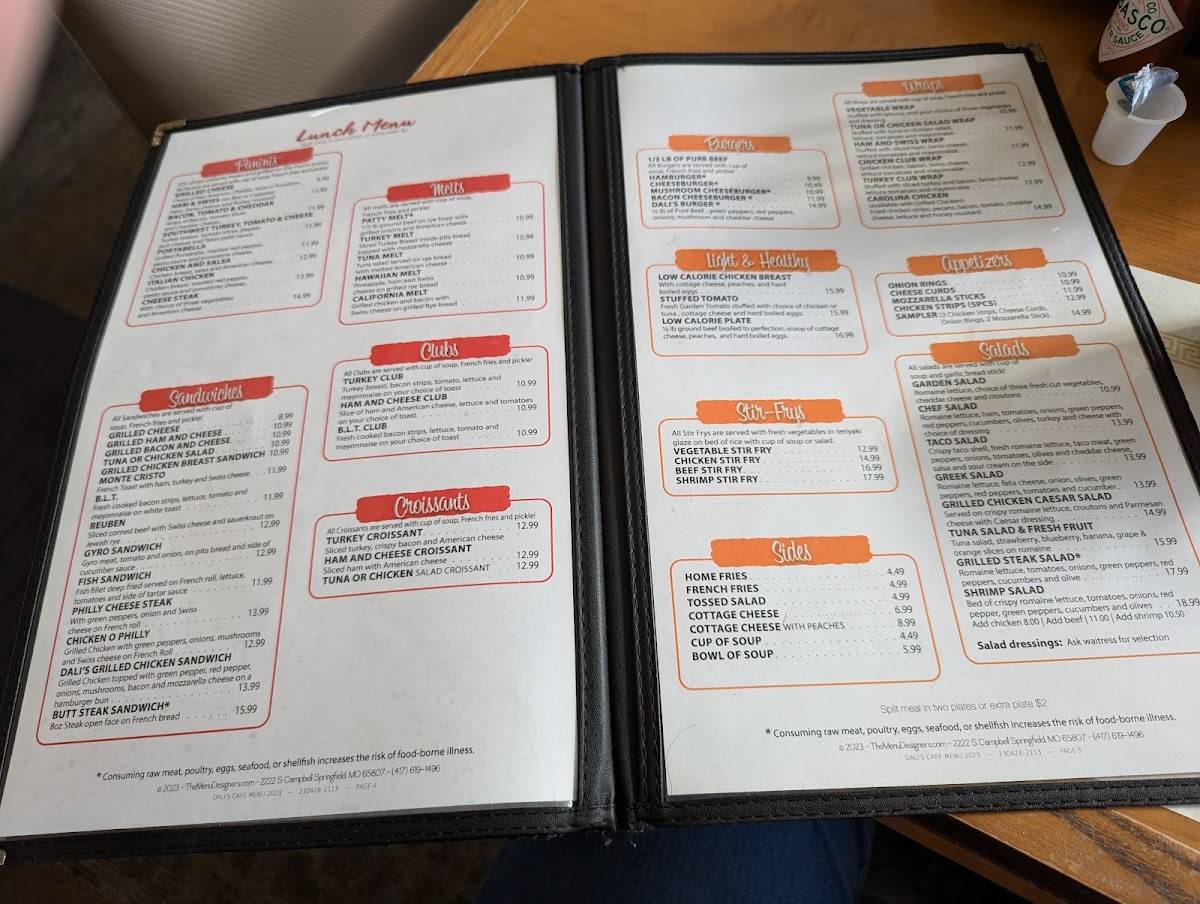 Menu at Dali's Cafe, Manitowoc