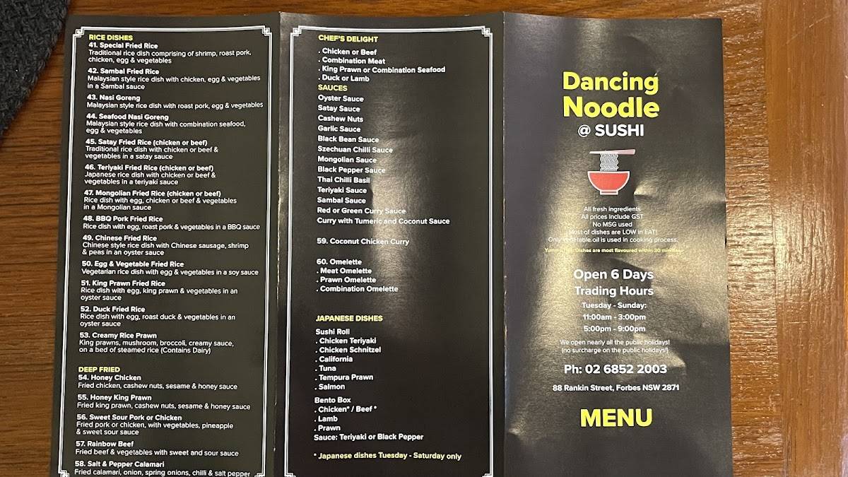 Menu at Dancing Noodle restaurant, Forbes