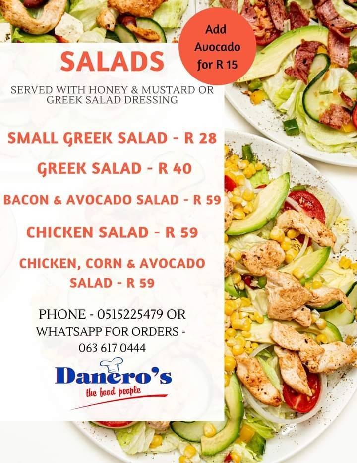Menu at Danero's restaurant, Bloemfontein