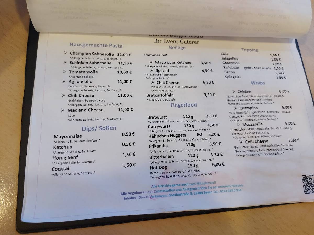 Speisekarte von Daniels Burger Bistro restaurant, Zeven