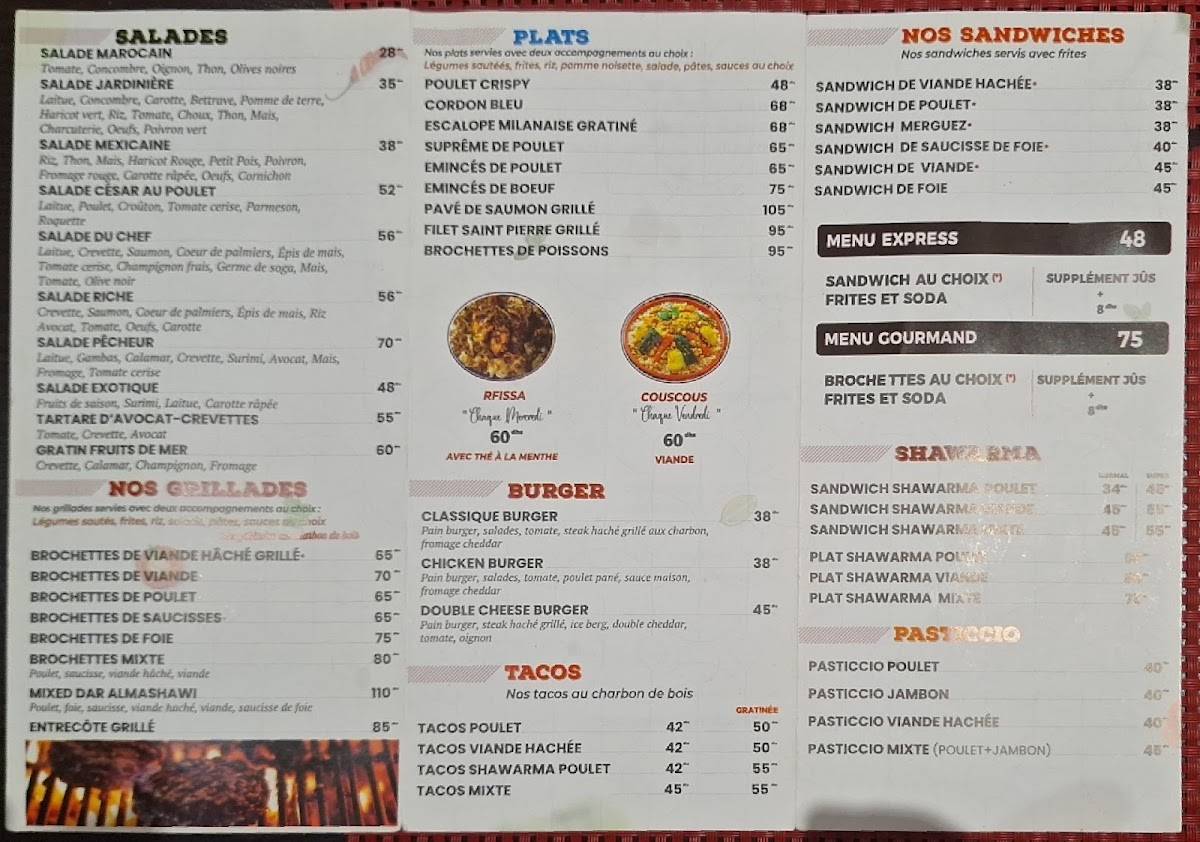 Menu au Dar Al Mashawi restaurant, Casablanca