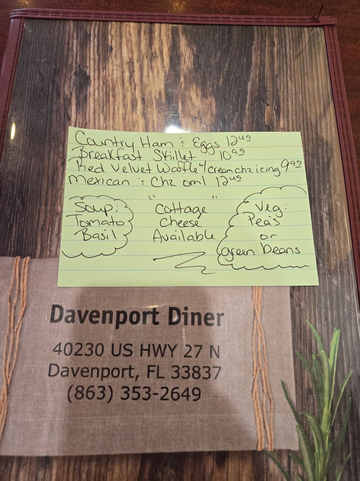 Menu at Davenport Diner restaurant, Davenport, US-27
