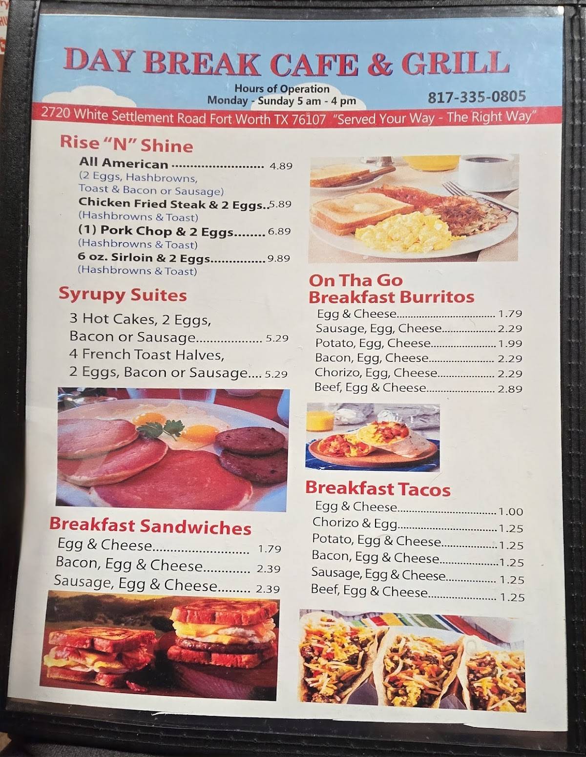 Carta de Daybreak Cafe & Grill, Fort Worth