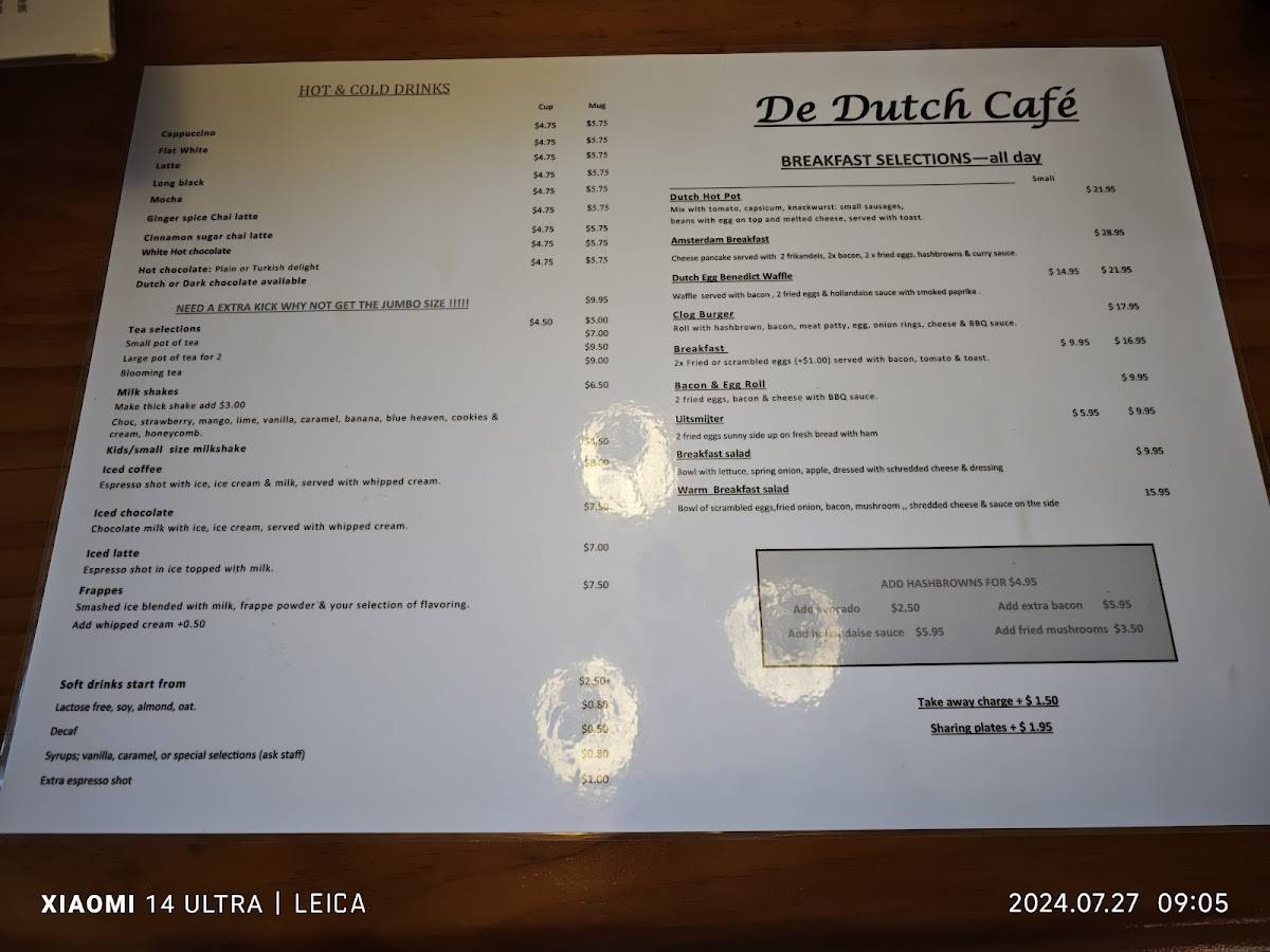 Menu at De Dutch Cafe, Newtown