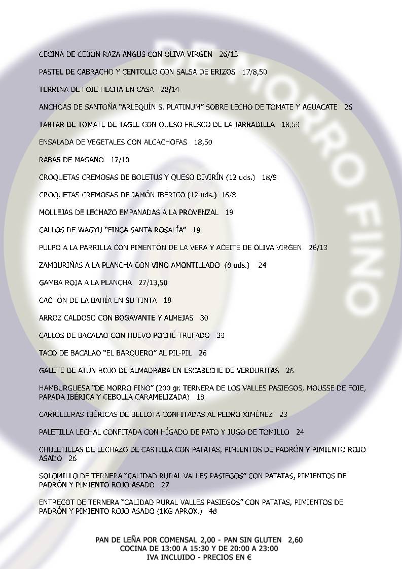 Carta del restaurante De Morro Fino, Santander