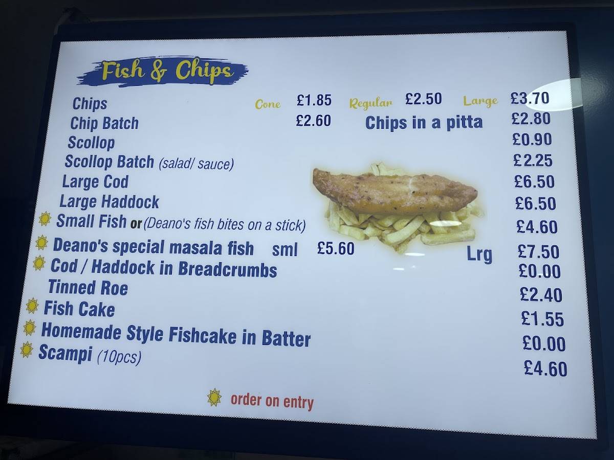 Menu at Deano's Chippy restaurant, Coventry