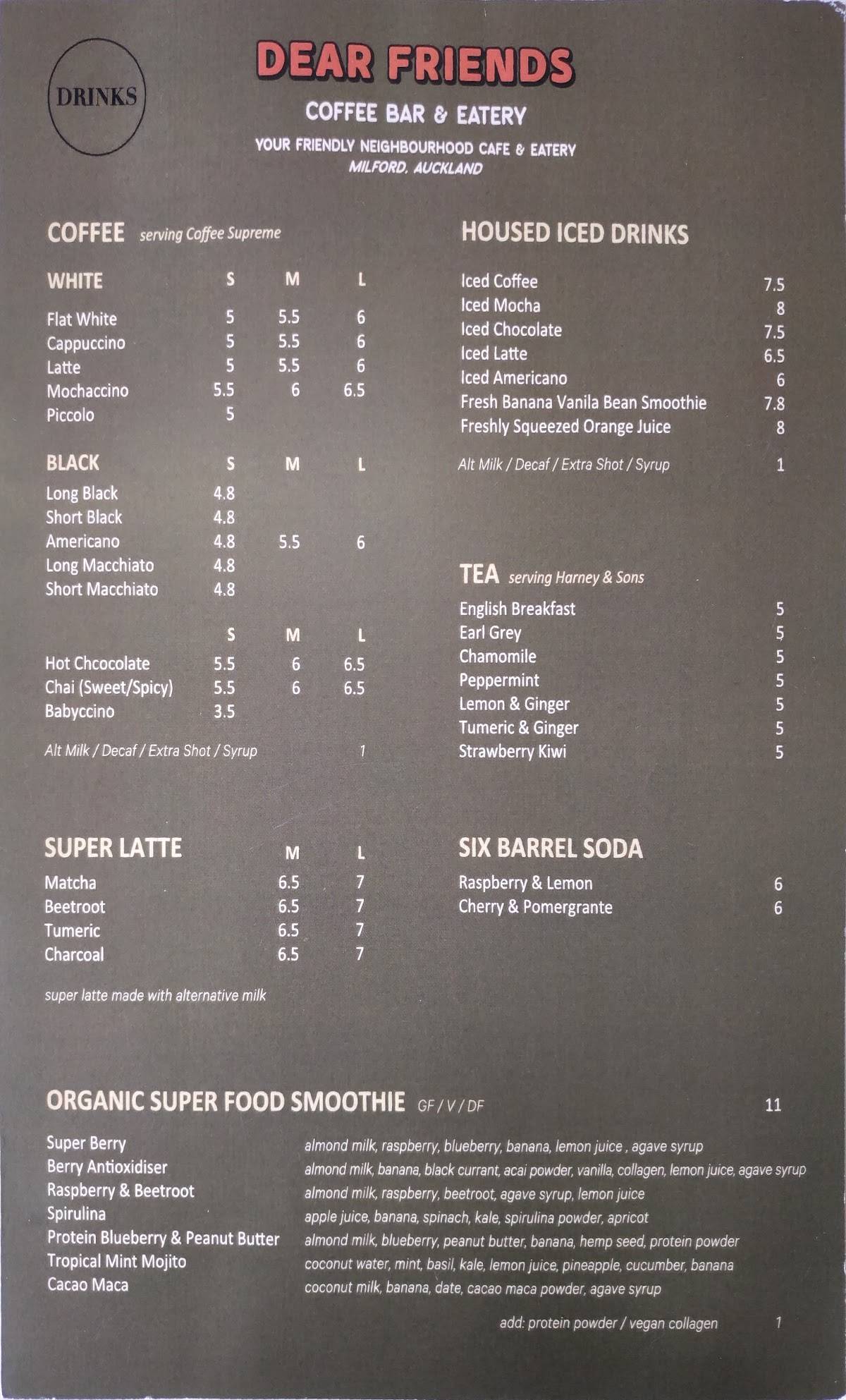 Menu at Dear Friends Cafe, Auckland
