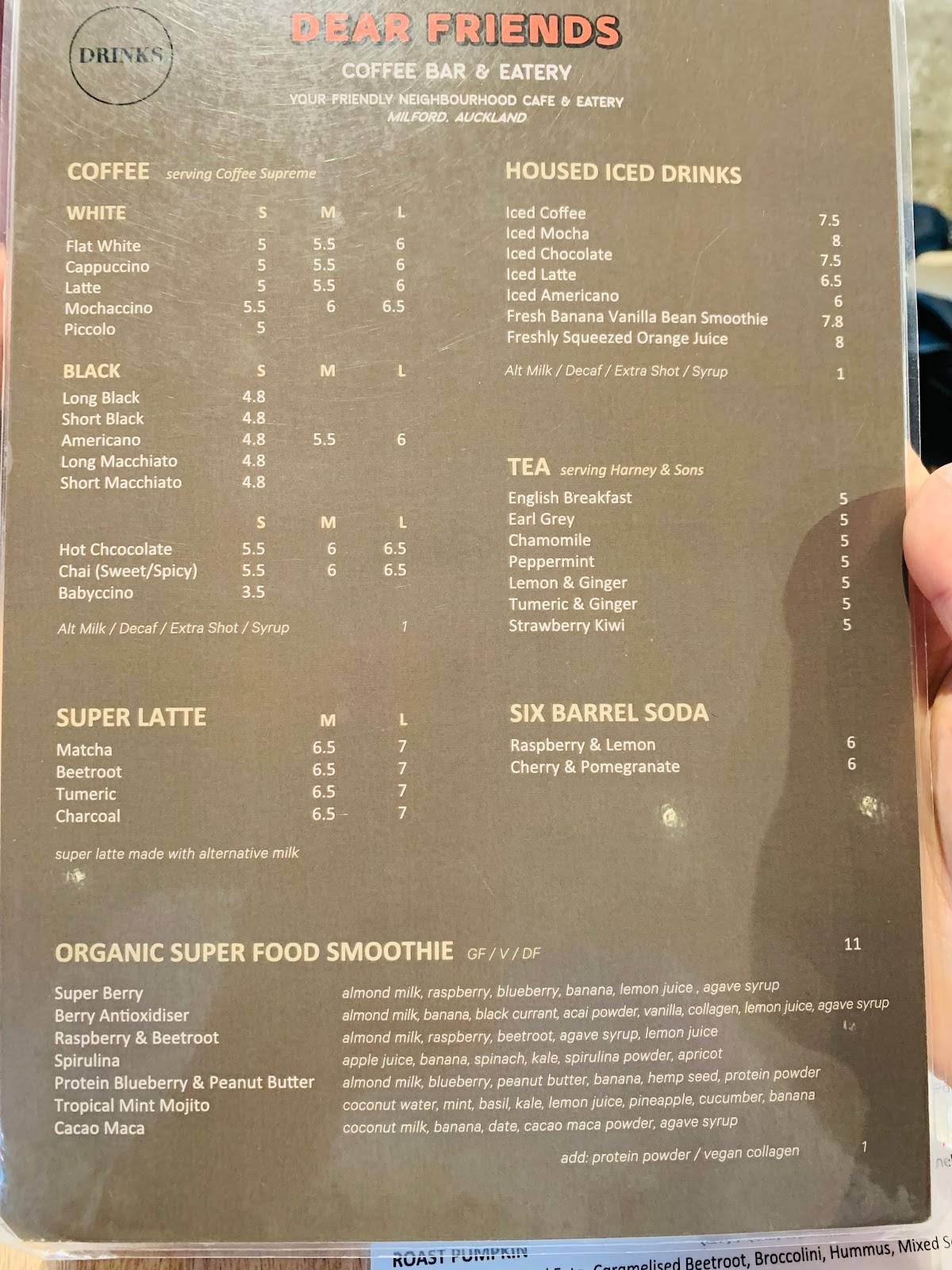 Menu at Dear Friends Cafe, Auckland