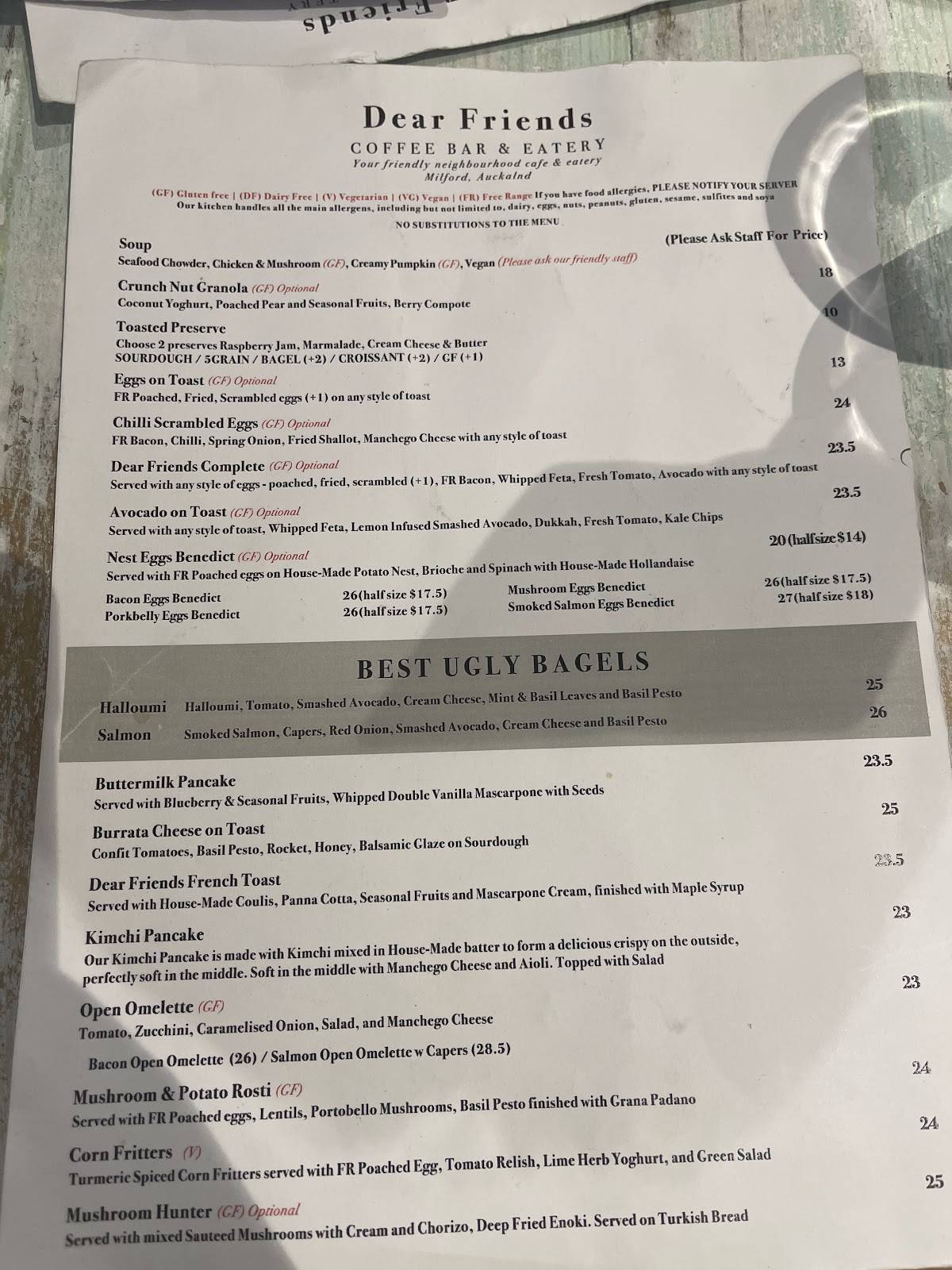Menu at Dear Friends Cafe, Auckland