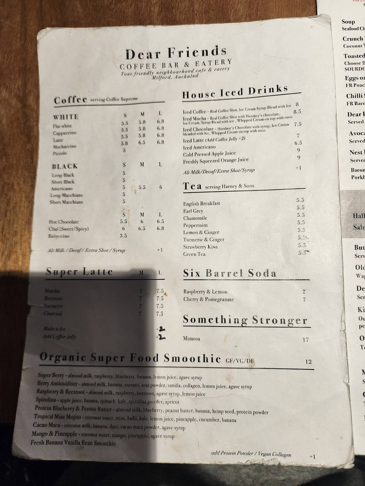 Menu at Dear Friends Cafe, Auckland