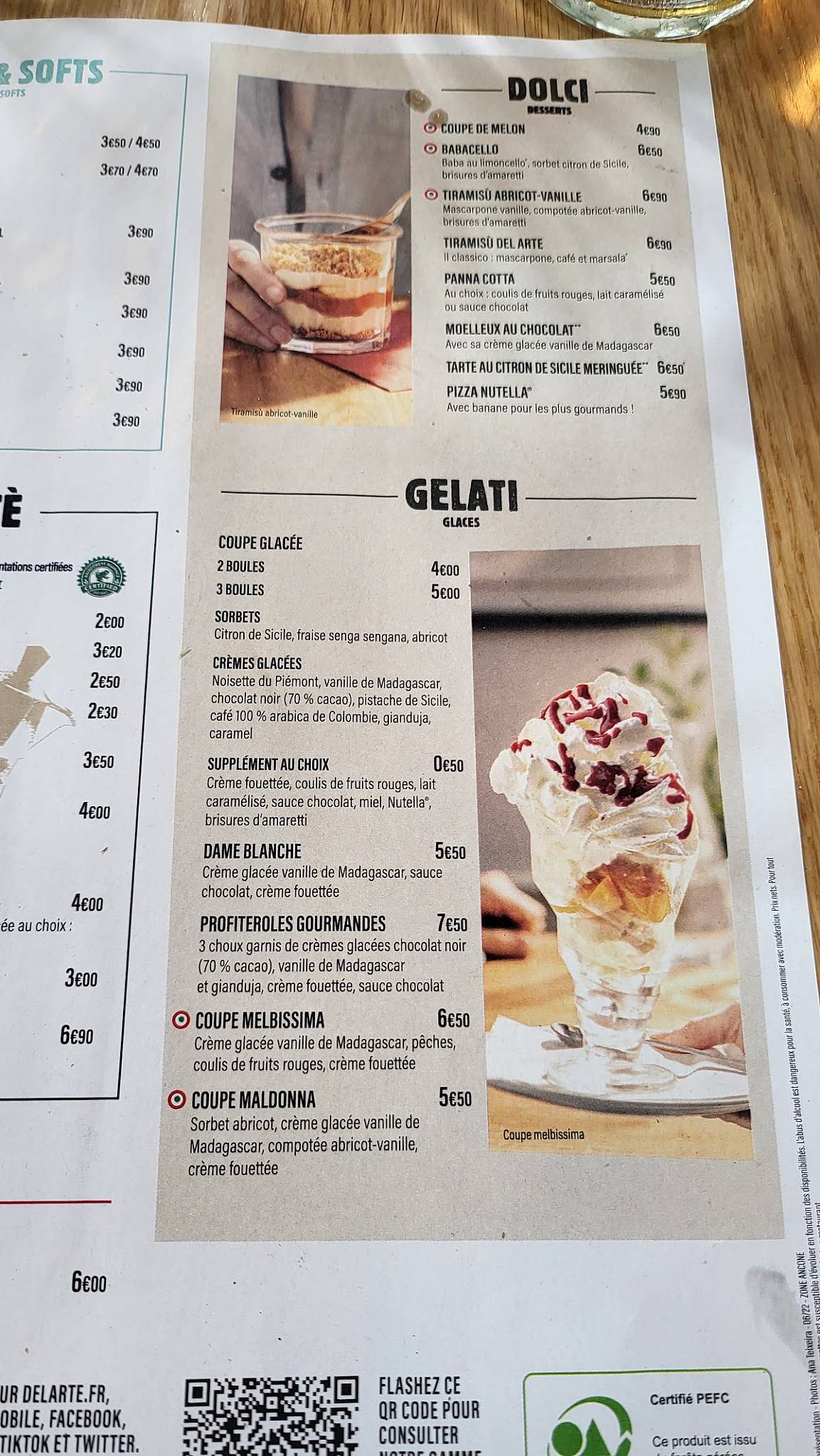 Menu au Del Arte restaurant, Pontarlier