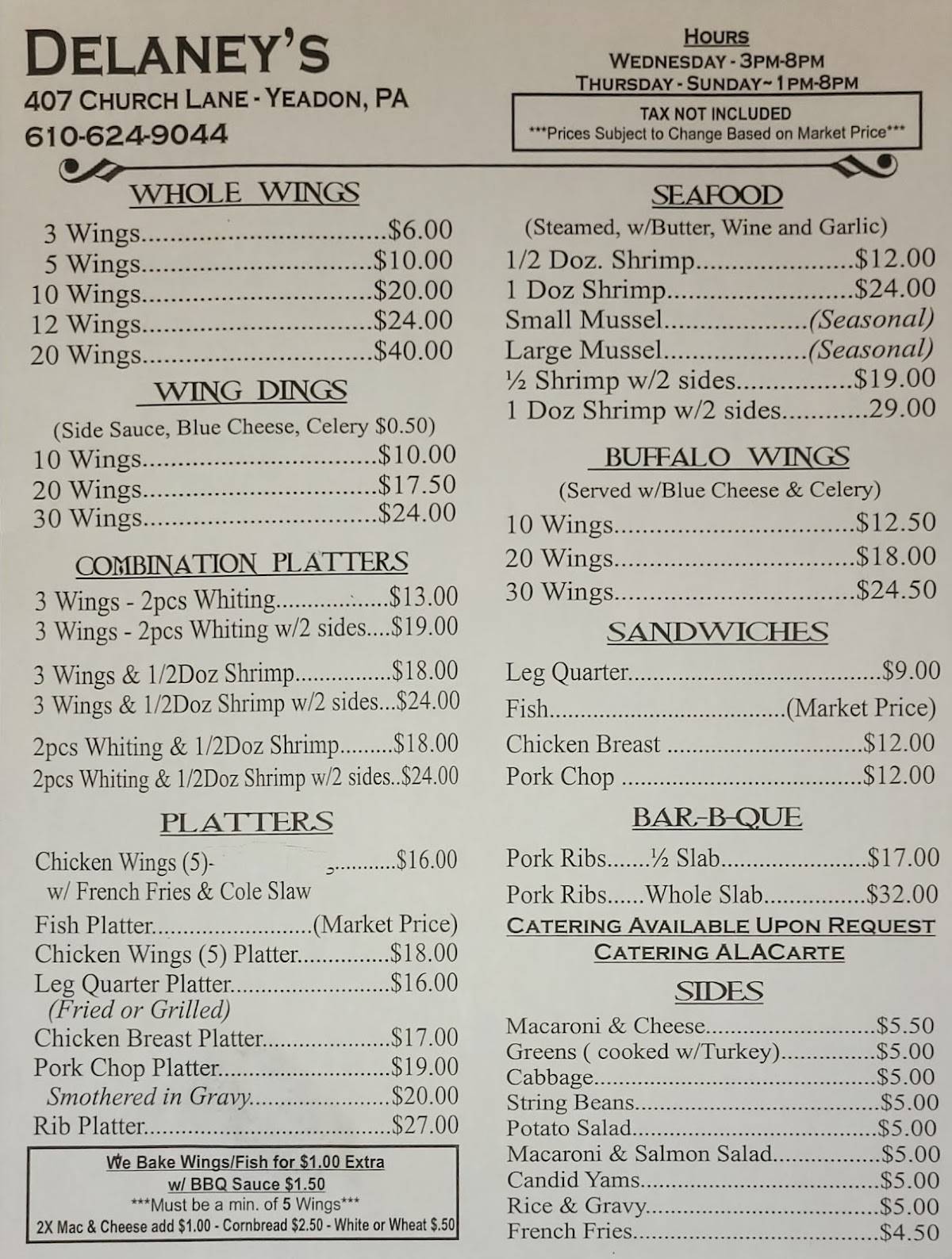 Menu at Delaney's Soul Food restaurant, Yeadon
