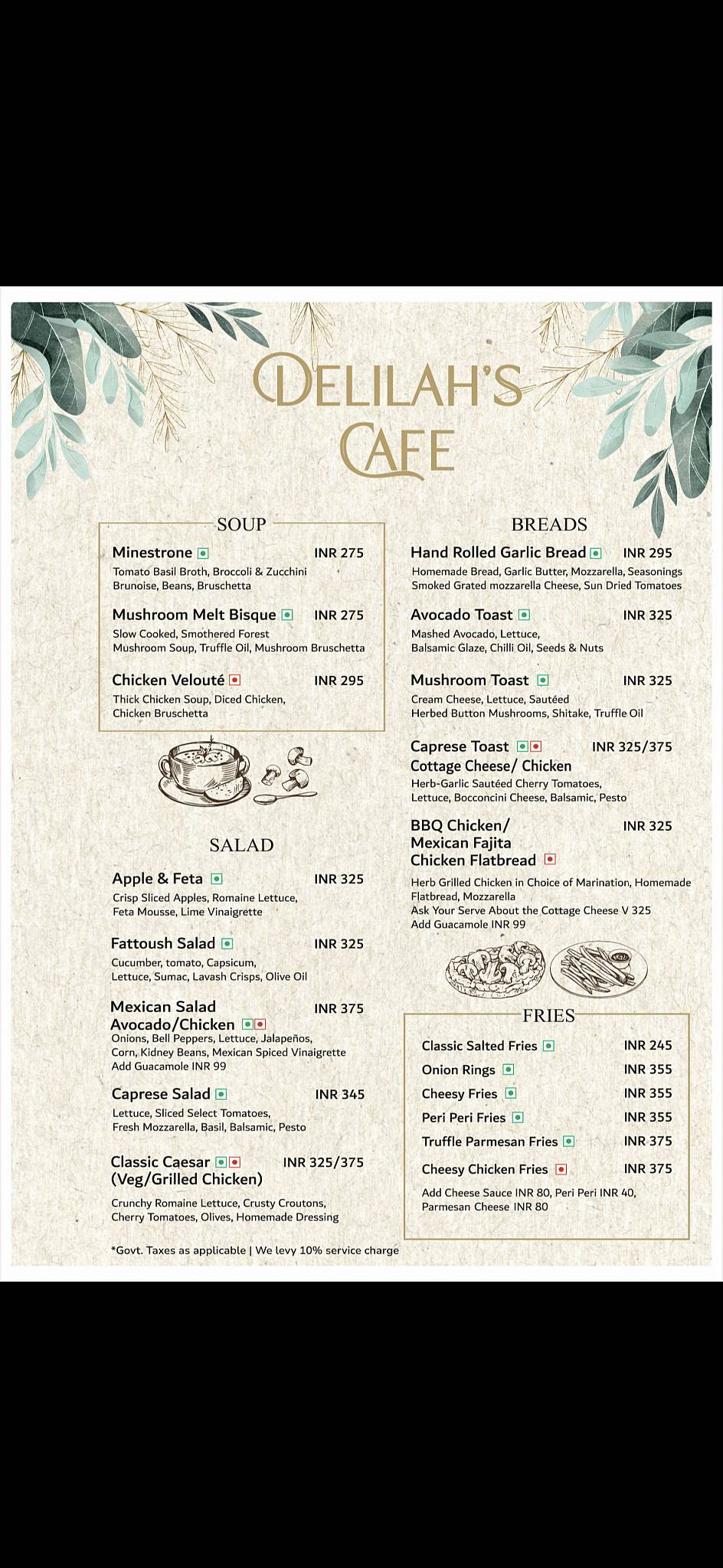Menu at Delilah's Cafe, New Delhi