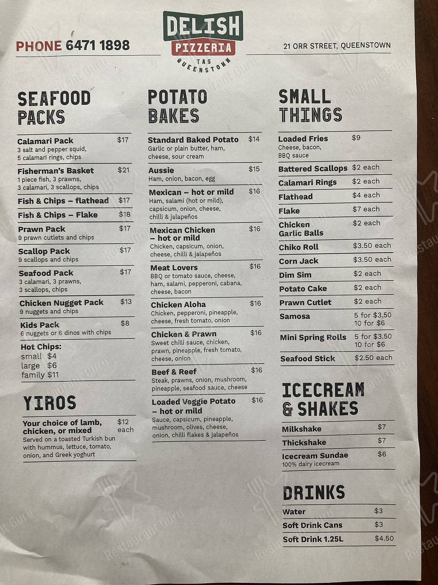 Menu at Delish Pizzeria, Queenstown