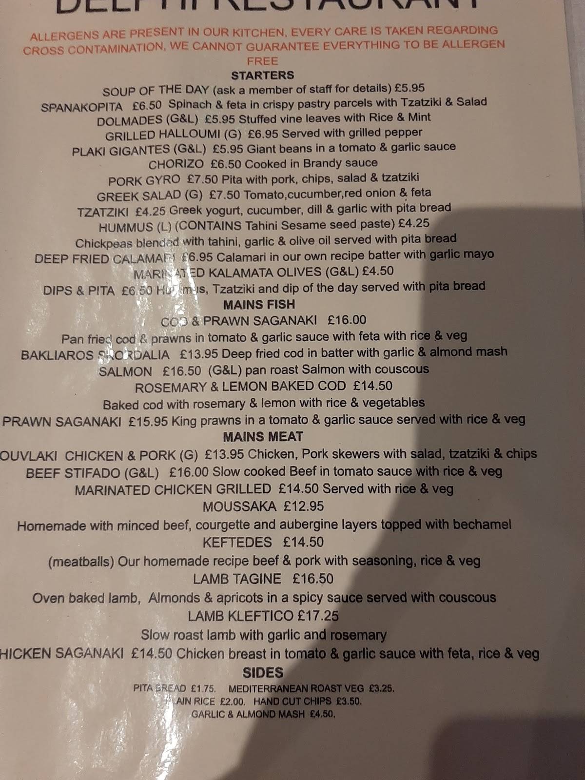 Menu at Delphi Restaurant, Wakefield