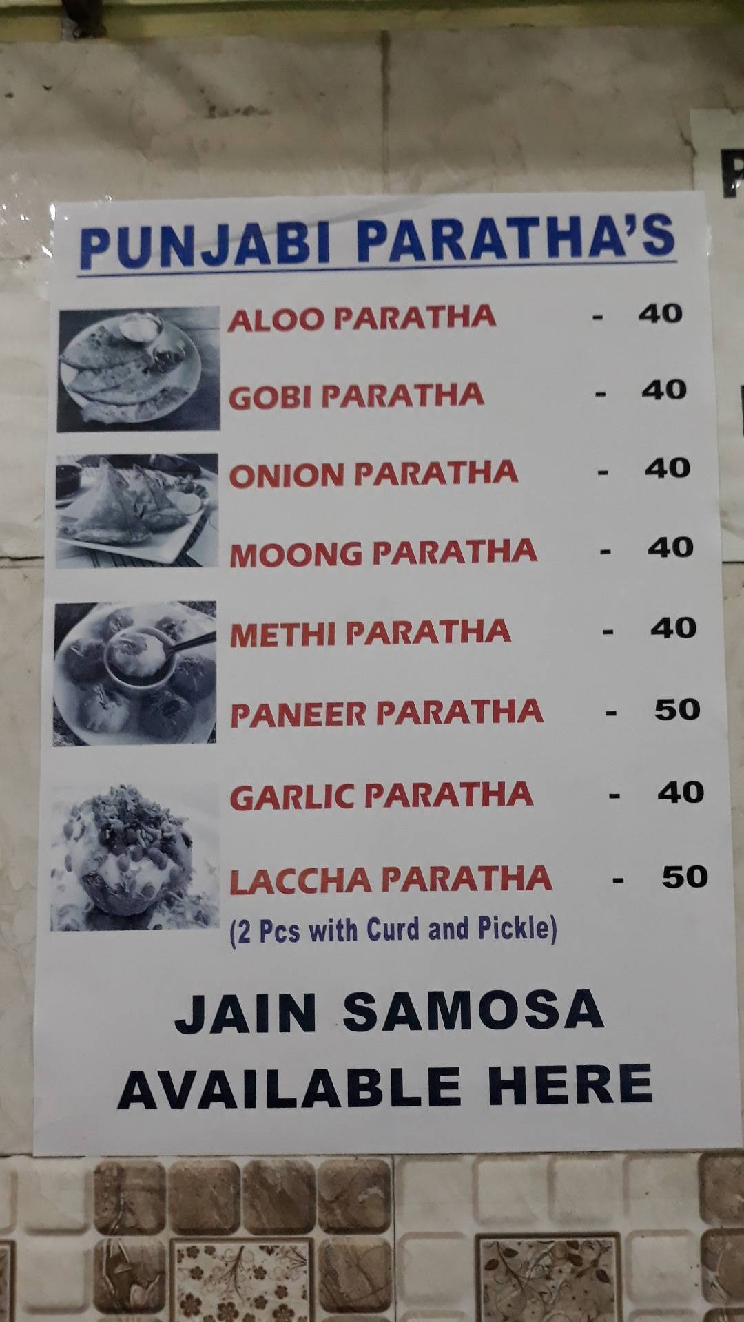Menu at Asha chat corner, Chennai