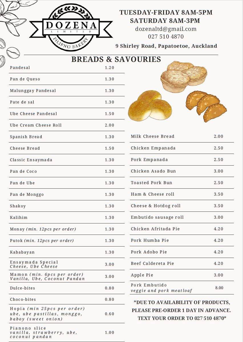 Menu at Dozena Bakery, Auckland