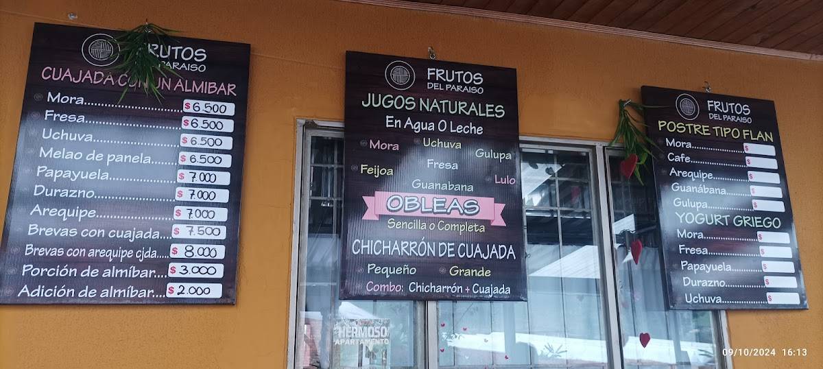 Carta de Postres Frutos del Paraiso, Colombia