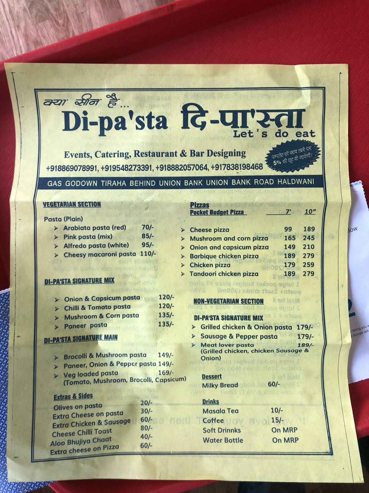 Menu at Di-pa'sta café, Haldwani