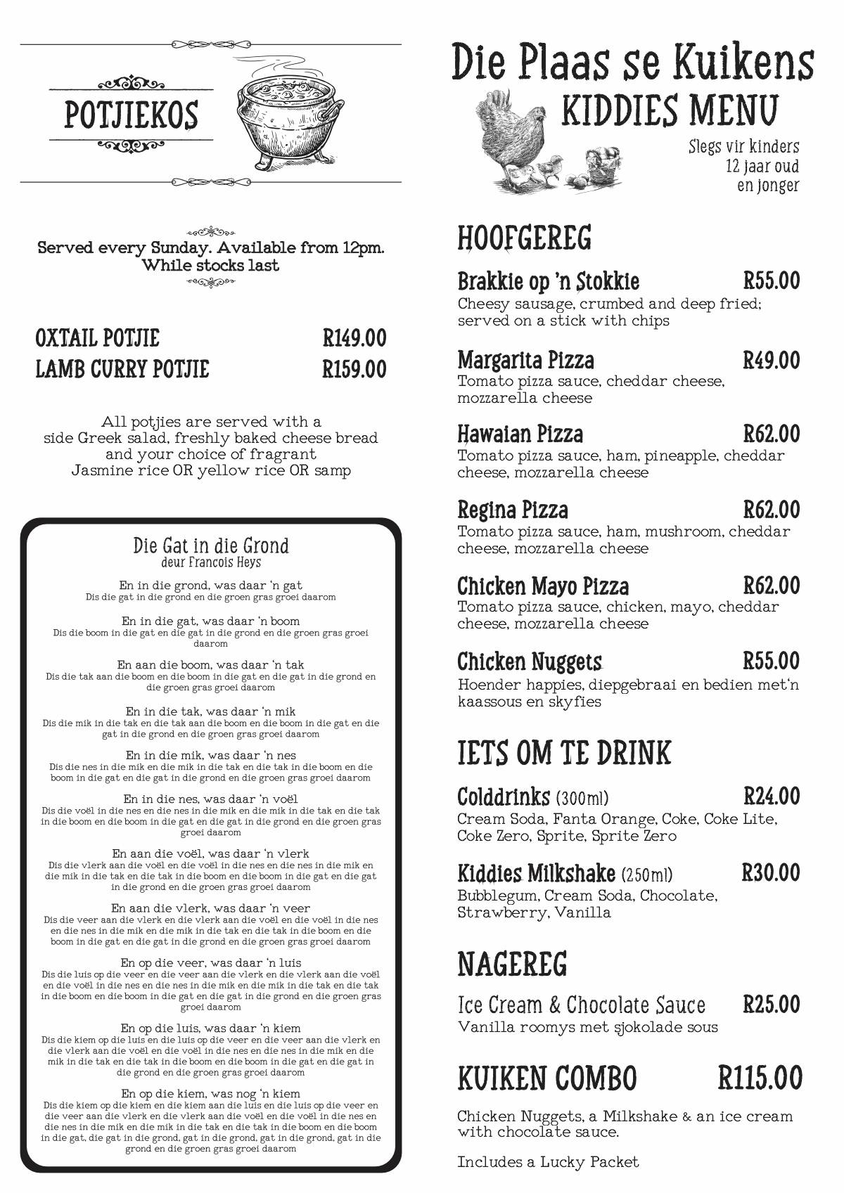 Menu at Die Plaas se Gat Restaurant, Hartbeespoort, Road 4048 R560 ...