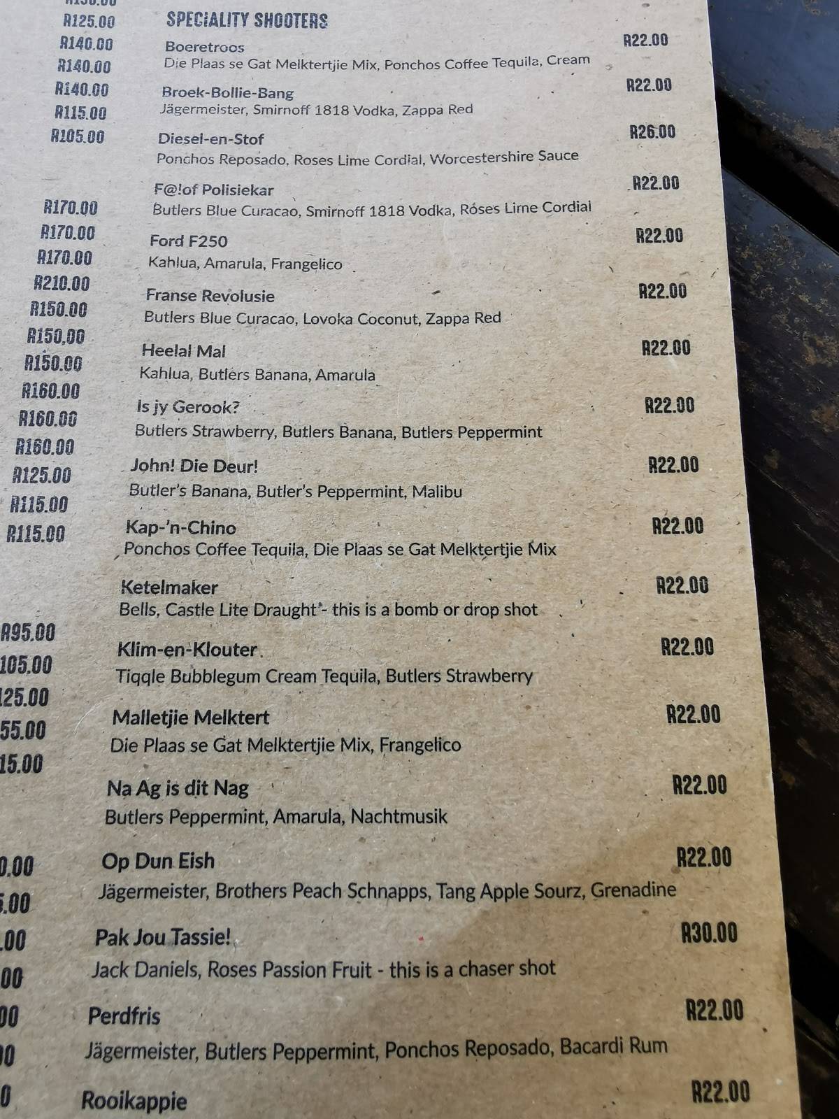 Menu at Die Plaas se Gat Restaurant, Hartbeespoort, Road 4048 R560 ...