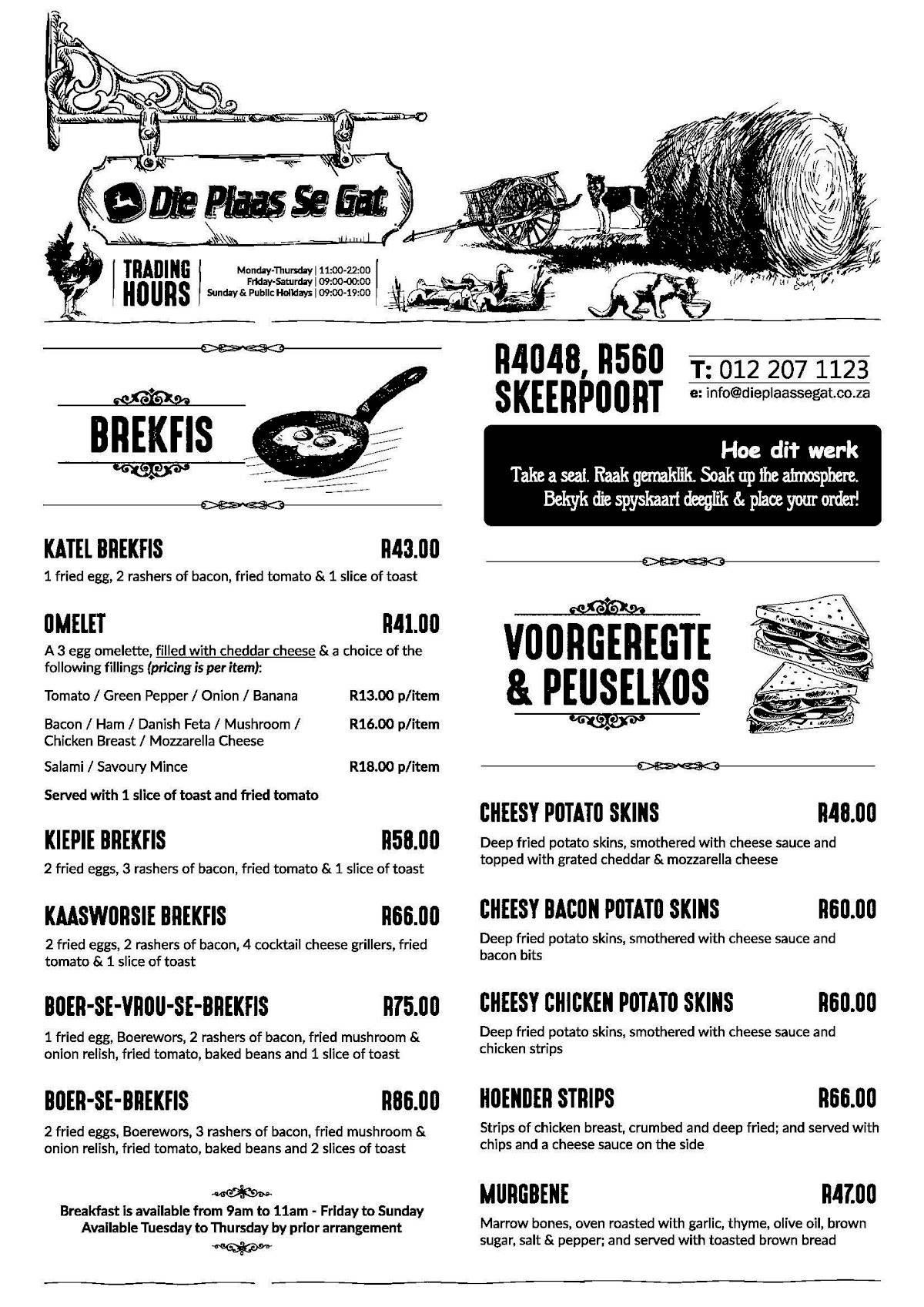 Menu at Die Plaas se Gat Restaurant, Hartbeespoort, Road 4048 R560 ...
