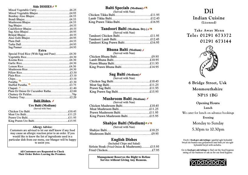Menu at Dil Indian Cuisine restaurant, Usk