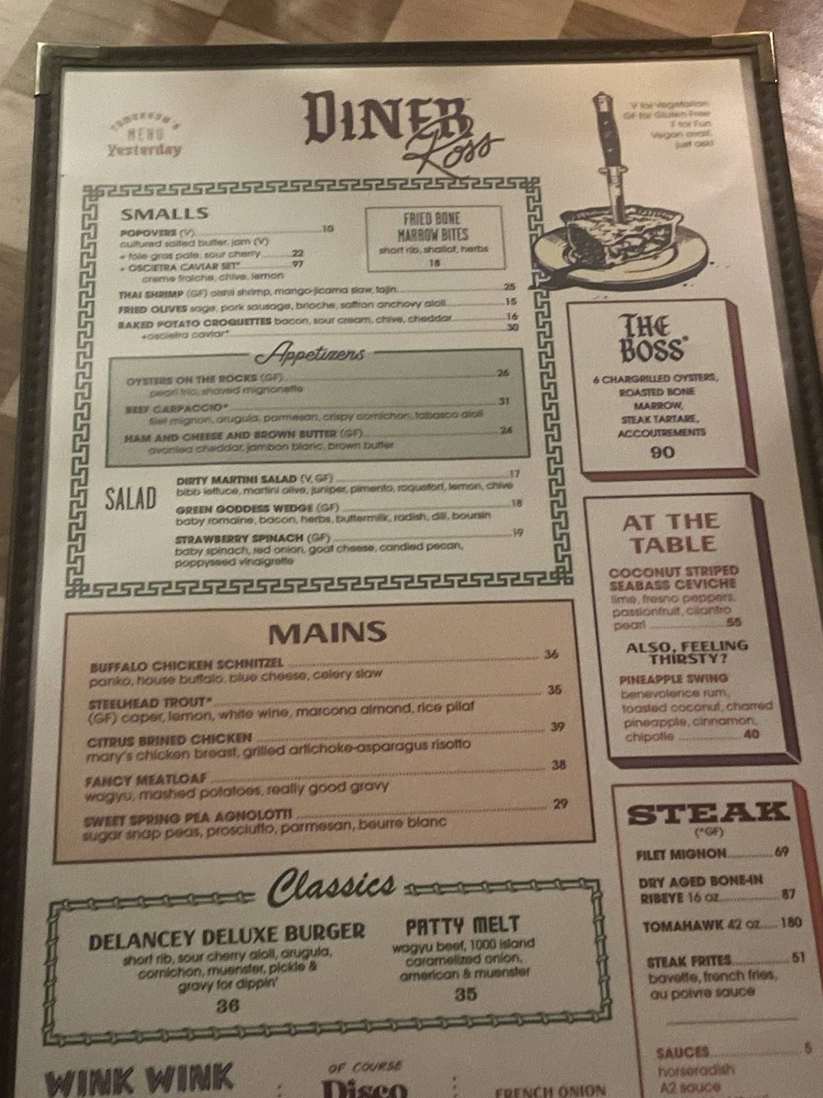 Menu at Diner Ross pub & bar, Las Vegas