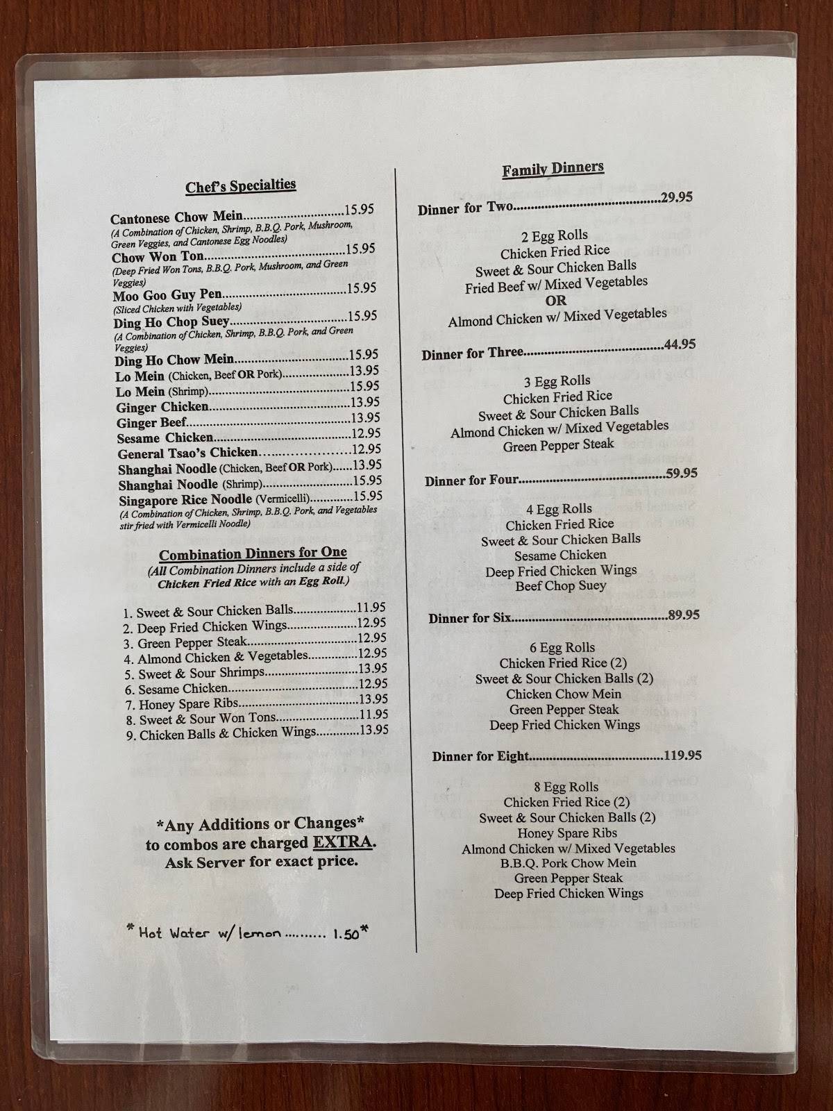 Menu au Ding Ho Restaurant, Matheson
