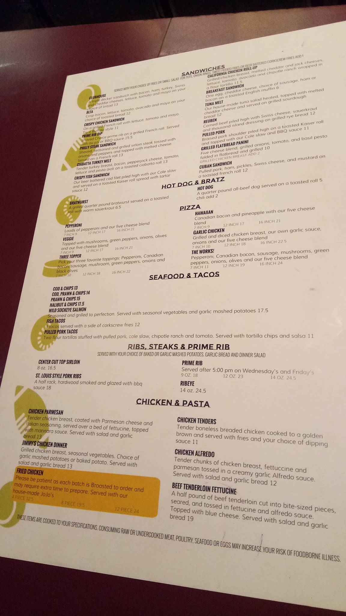 Menu at Dino's Pub, Renton