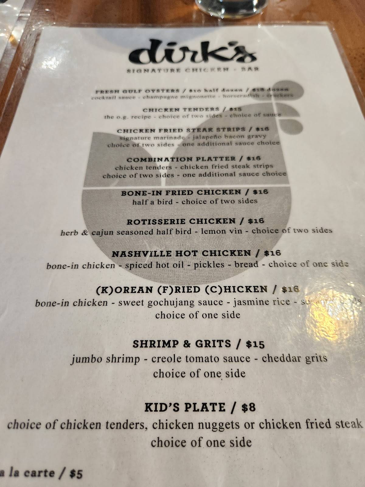 Menu at Dirk’s Signature Chicken & Bar, Lubbock