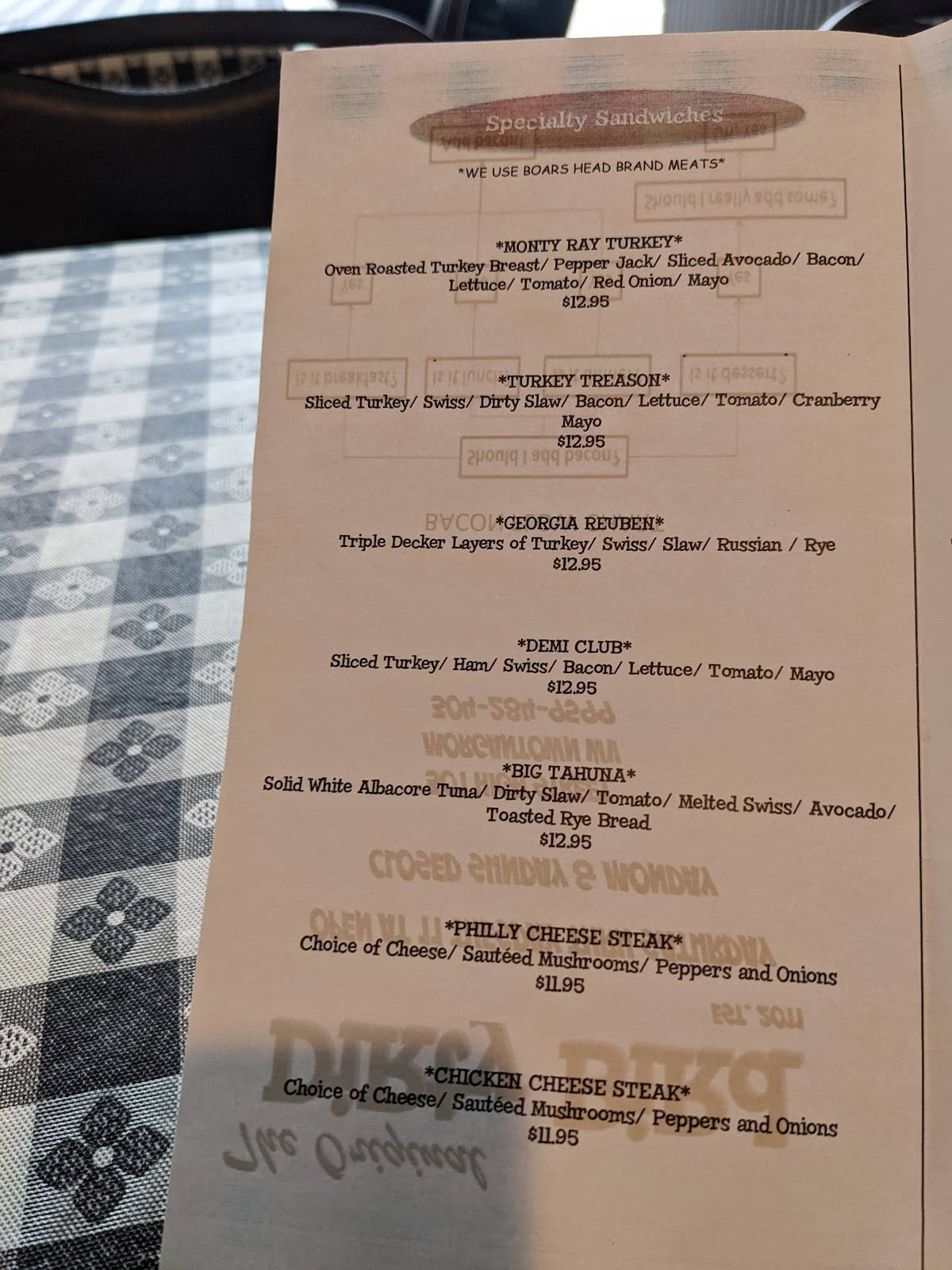 Menu at Dirty Bird restaurant, Morgantown