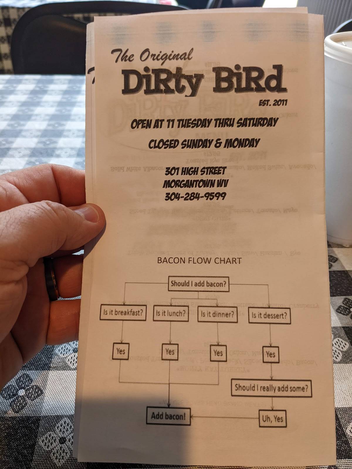 Menu at Dirty Bird restaurant, Morgantown