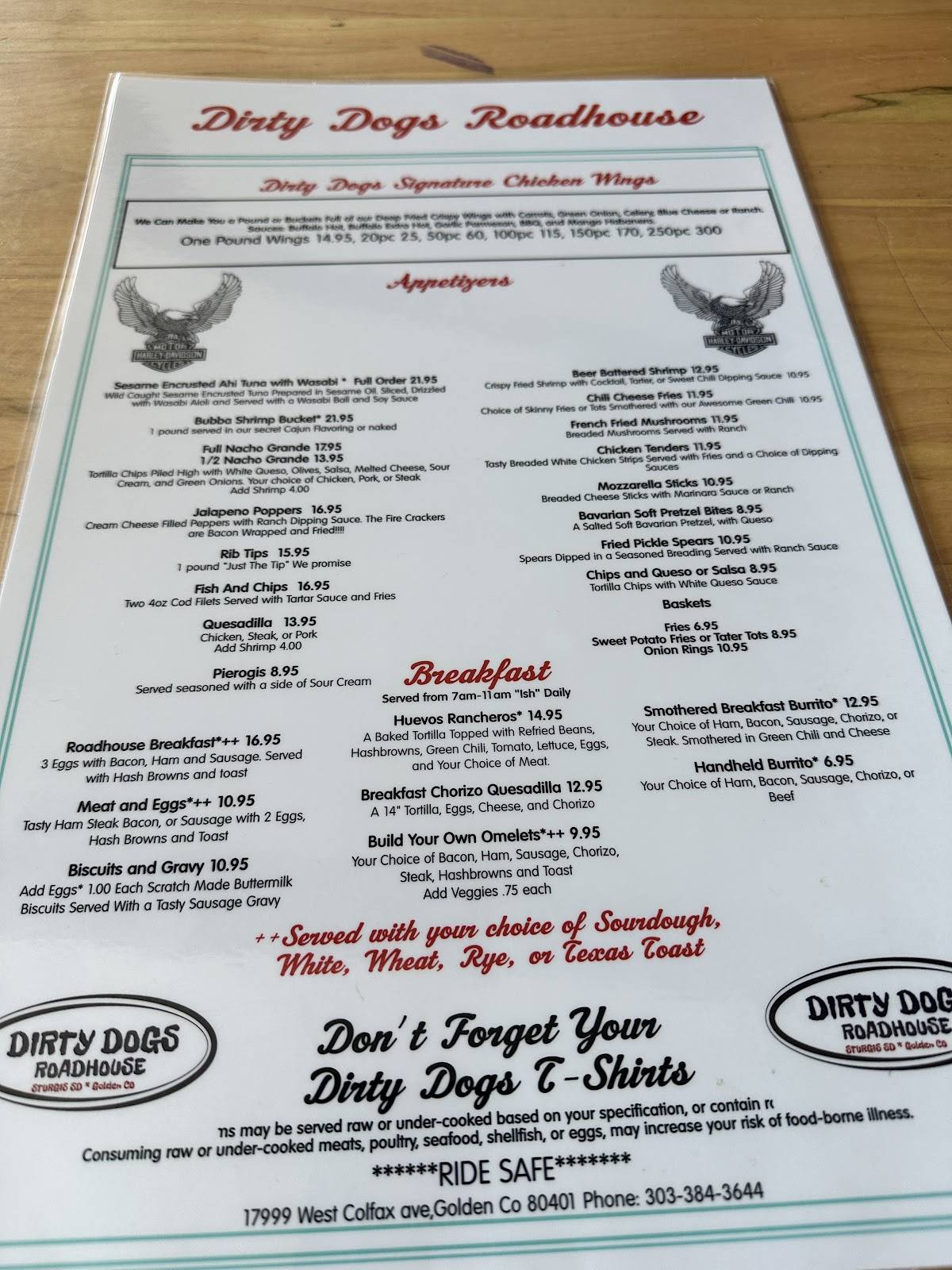 Menu at Dirty Dogs Roadhouse pub & bar, Golden