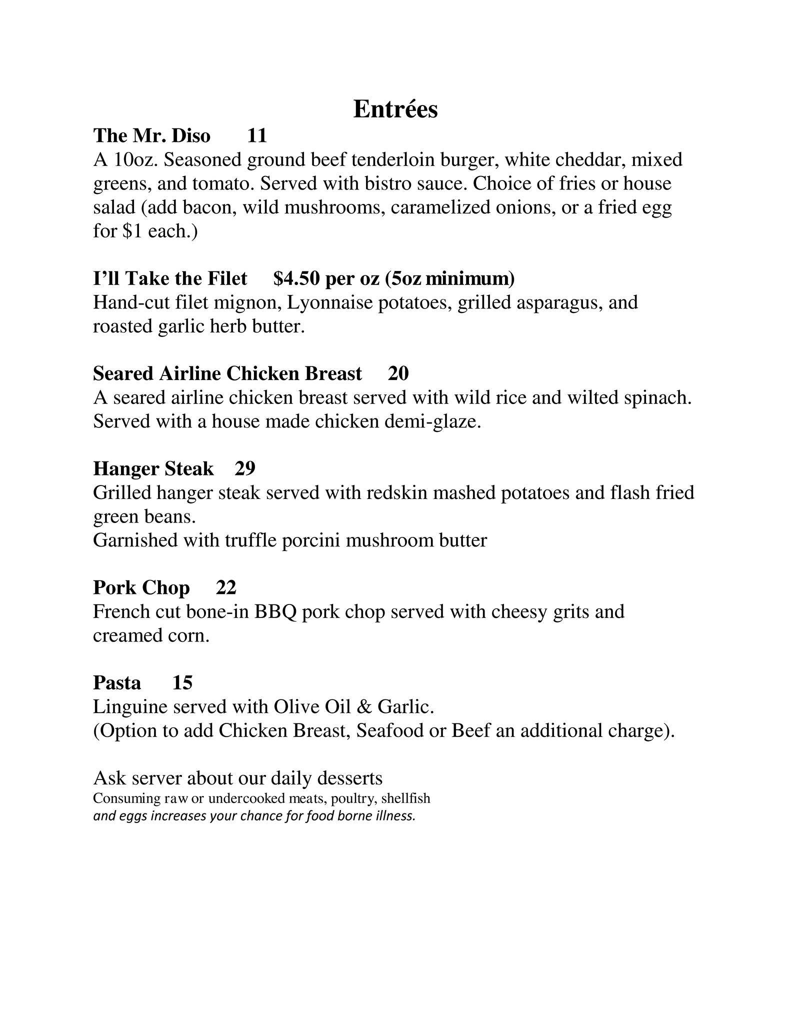 Menu at Diso's Bistro at All Nations restaurant, Lorain