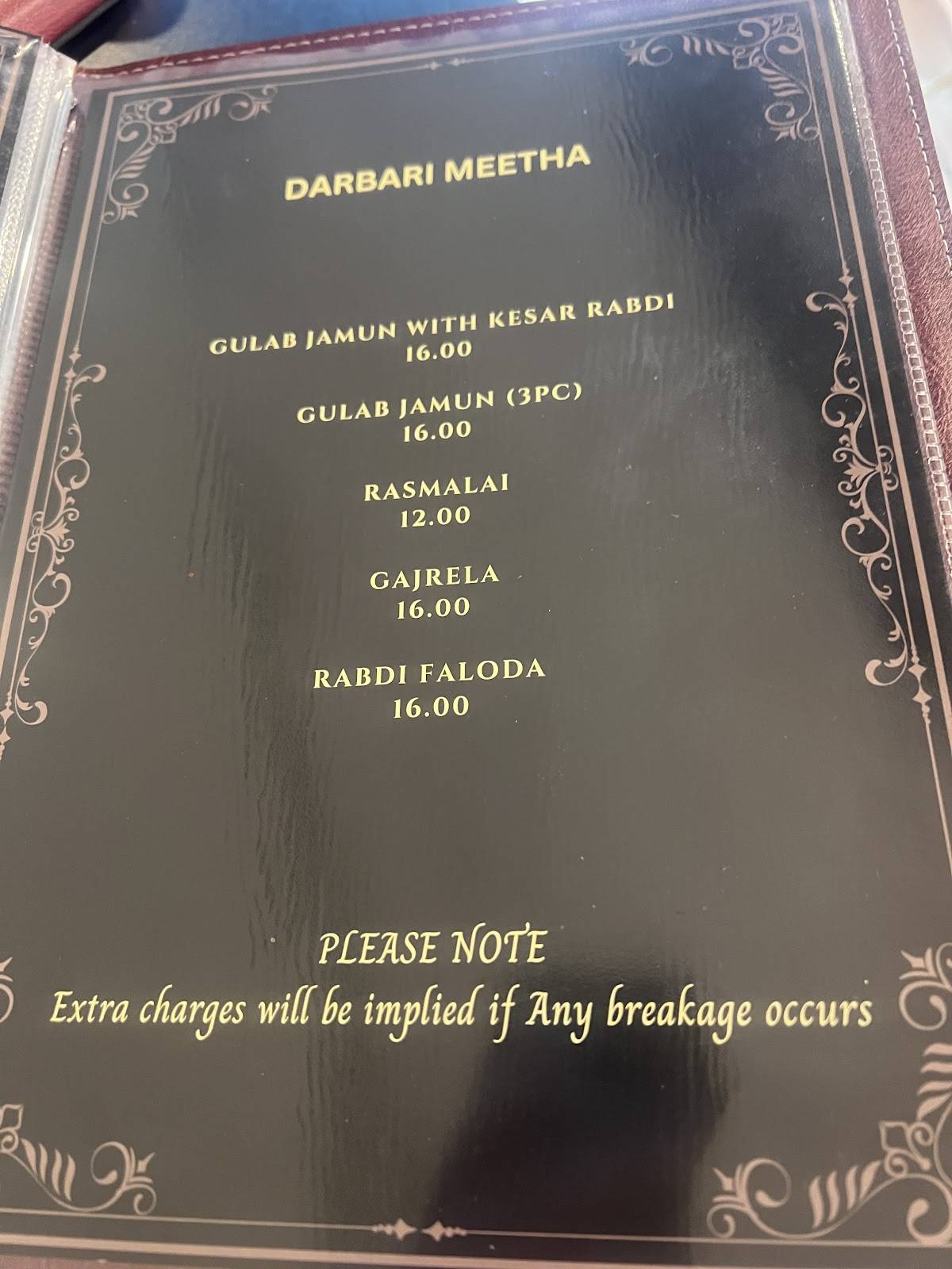 Menu at Divine Darbar, Carlton