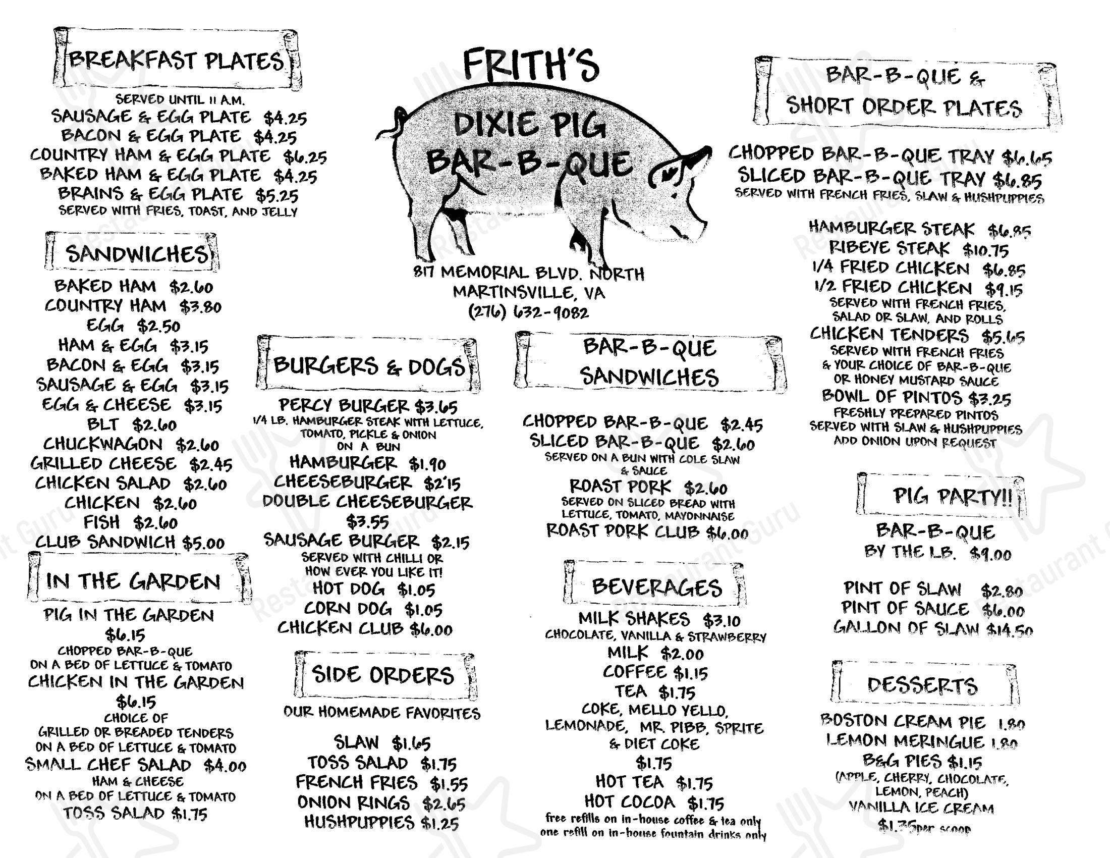 Menu at Dixie Pig restaurant, Abilene, Butternut St